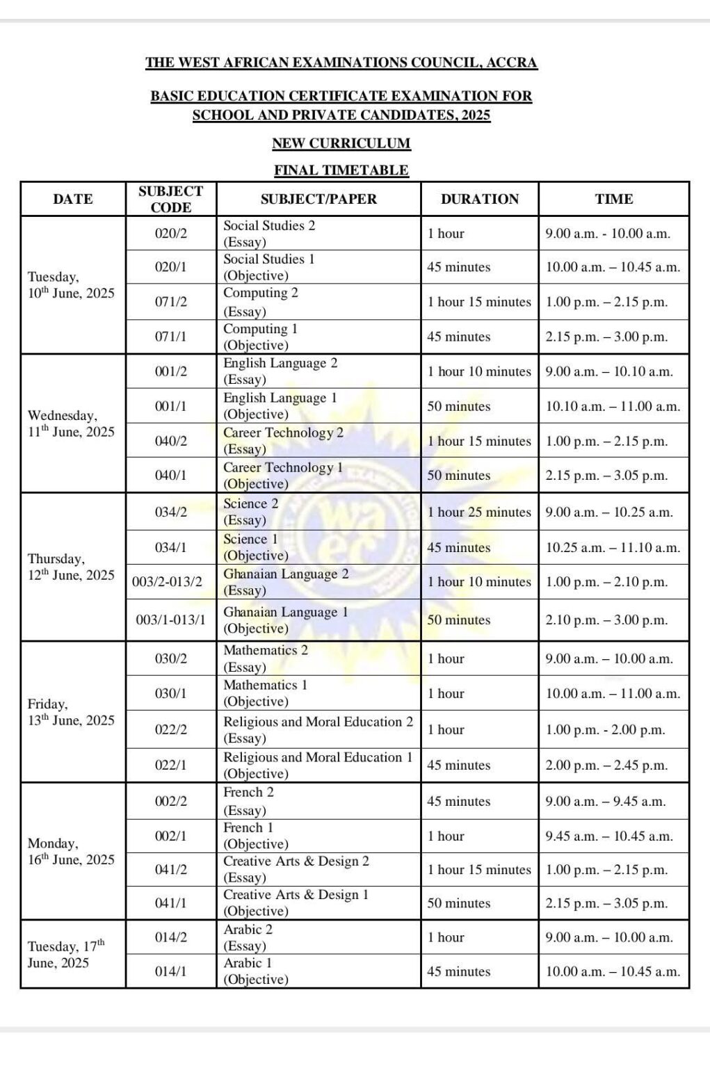 Final BECE 2025 Timetable And Download PDF Ready - Congrats
