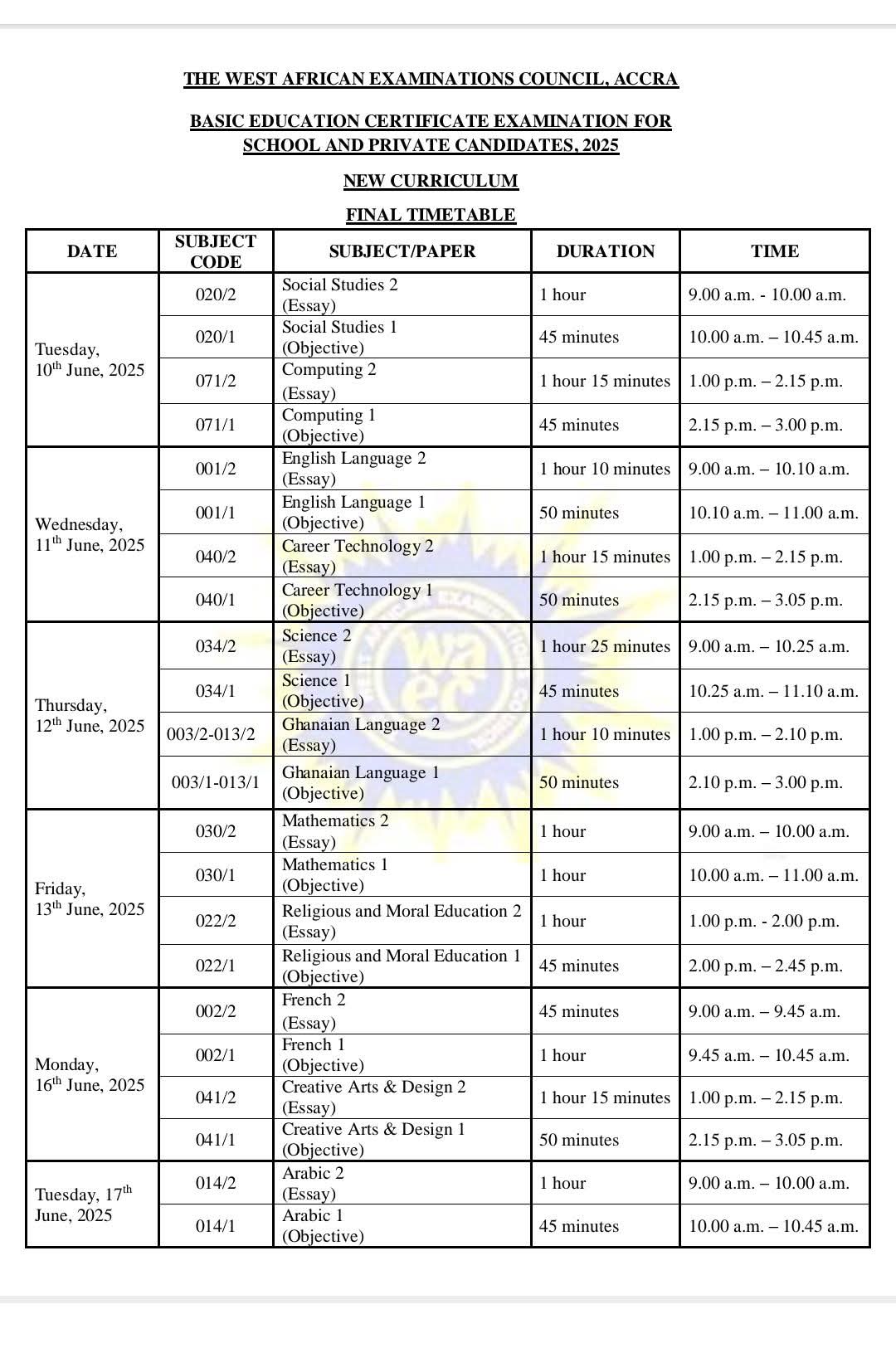 Final BECE 2025 Timetable And Download PDF Ready - Congrats